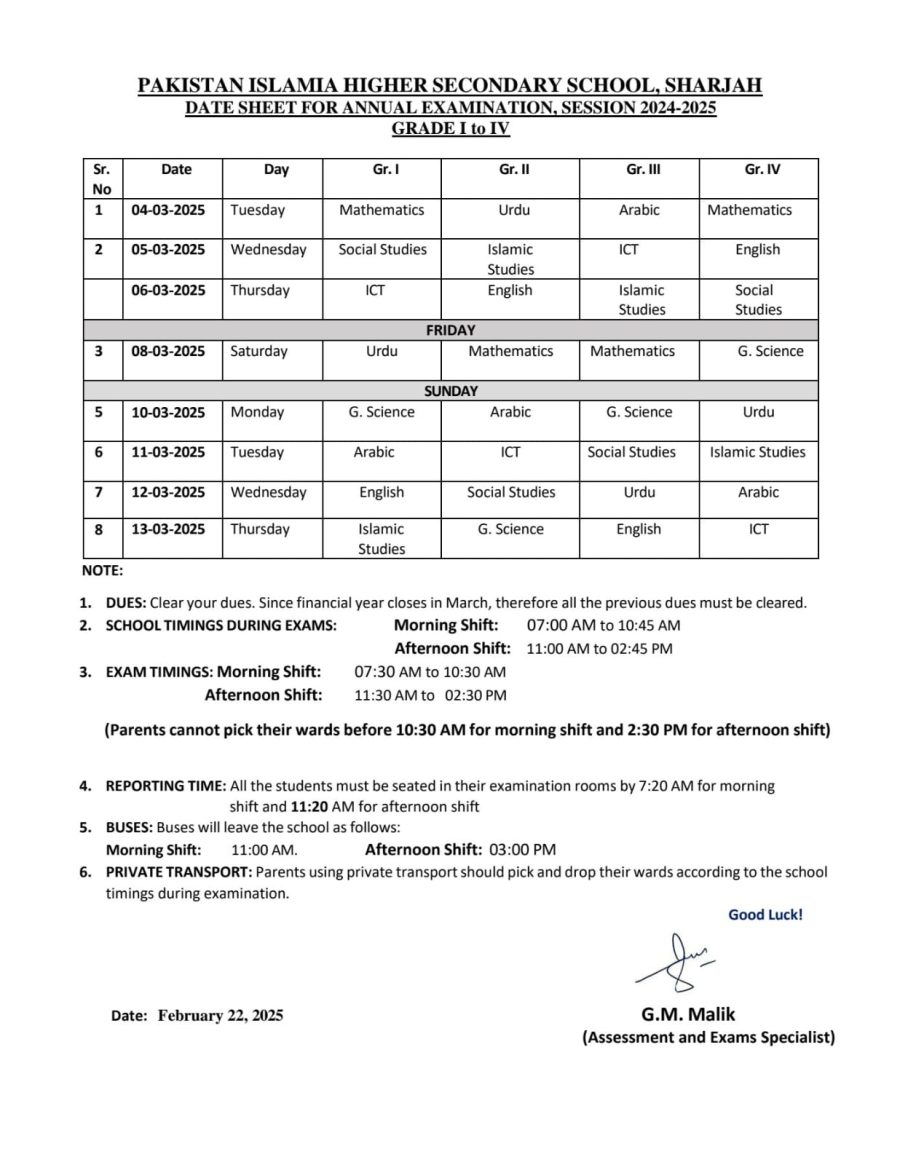 Date Sheet for Annual Examination (2024-2025) – Pakisan Islamia Higher ...