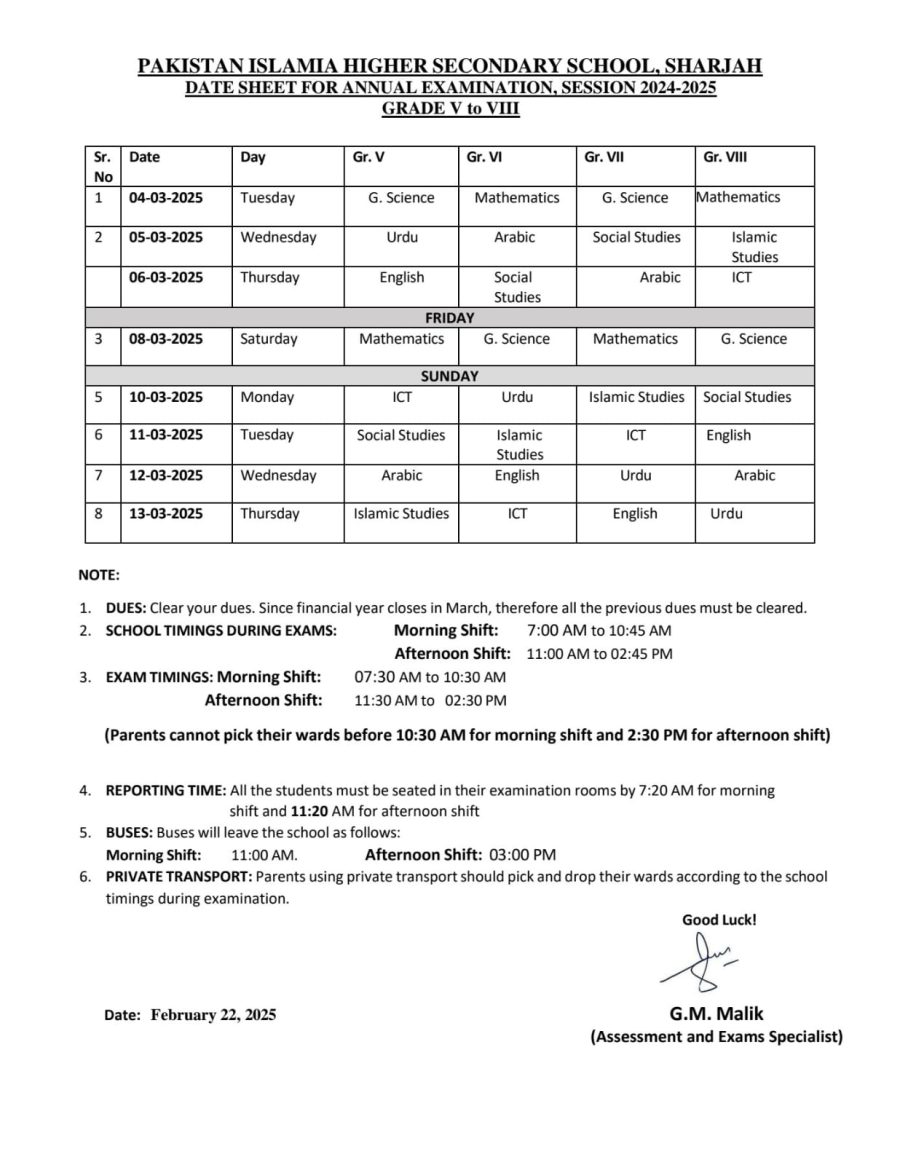 Date Sheet for Annual Examination (2024-2025) – Pakisan Islamia Higher ...